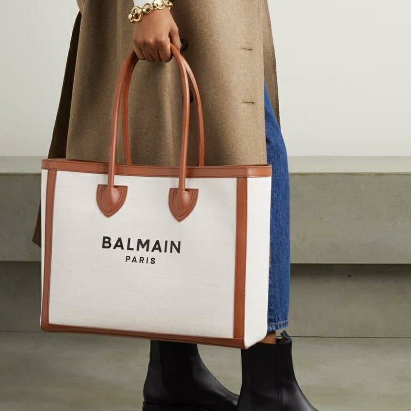 Balmain B Army Leather Trimmmed Beige Brown Canvas Tote - TheLuxuryTag