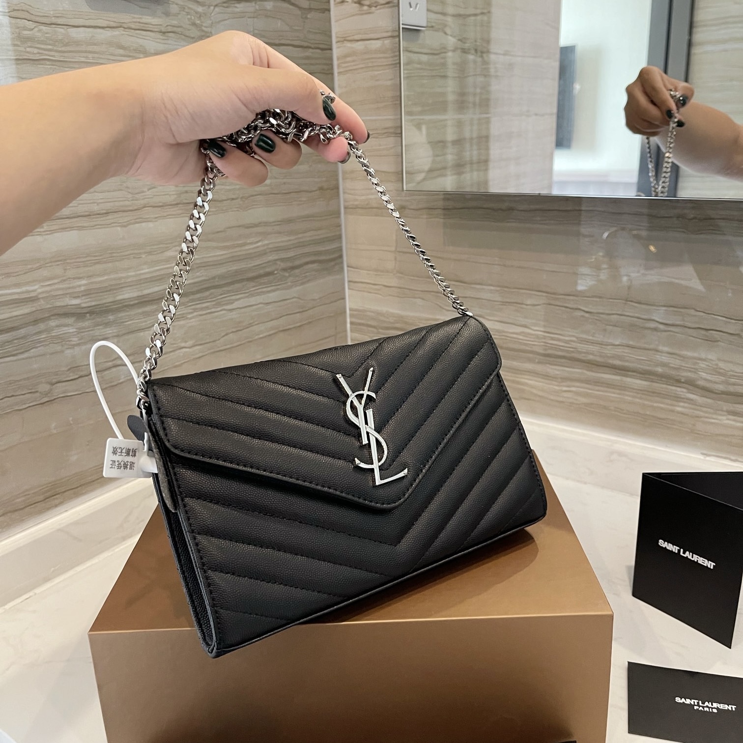 YSL Black Silver Envelope Sling bag (With Box) - TheLuxuryTag