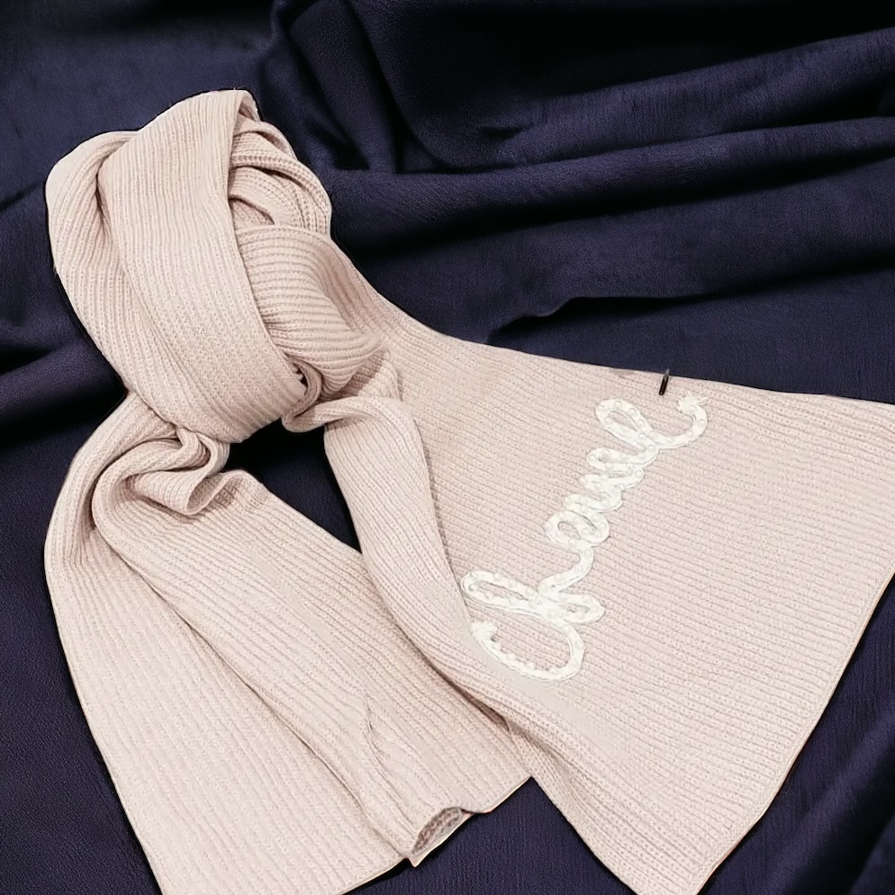 Chanel Pearl Logo Pink Woolen Muffler - TheLuxuryTag