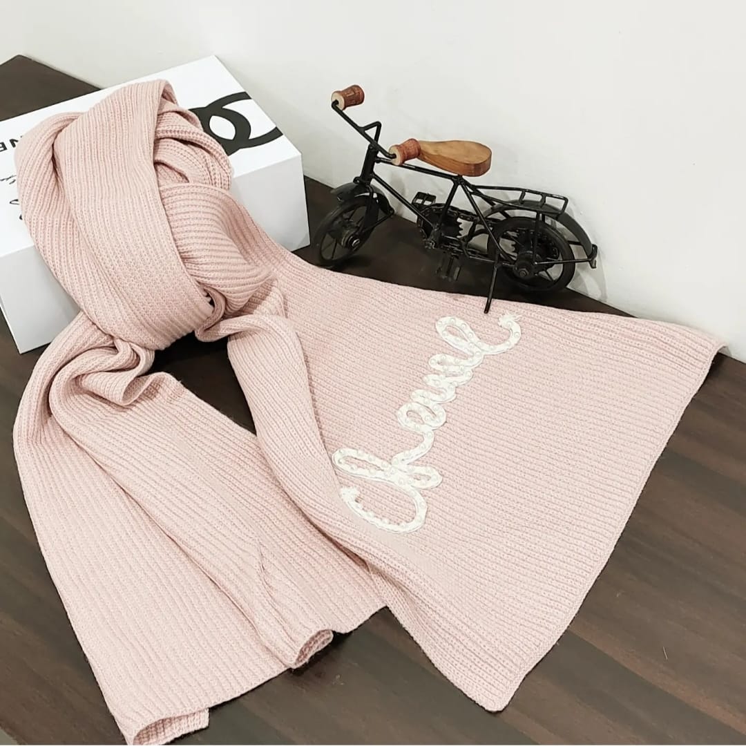 Buy Chanel Pearl Logo Pink Woolen Muffler - Online