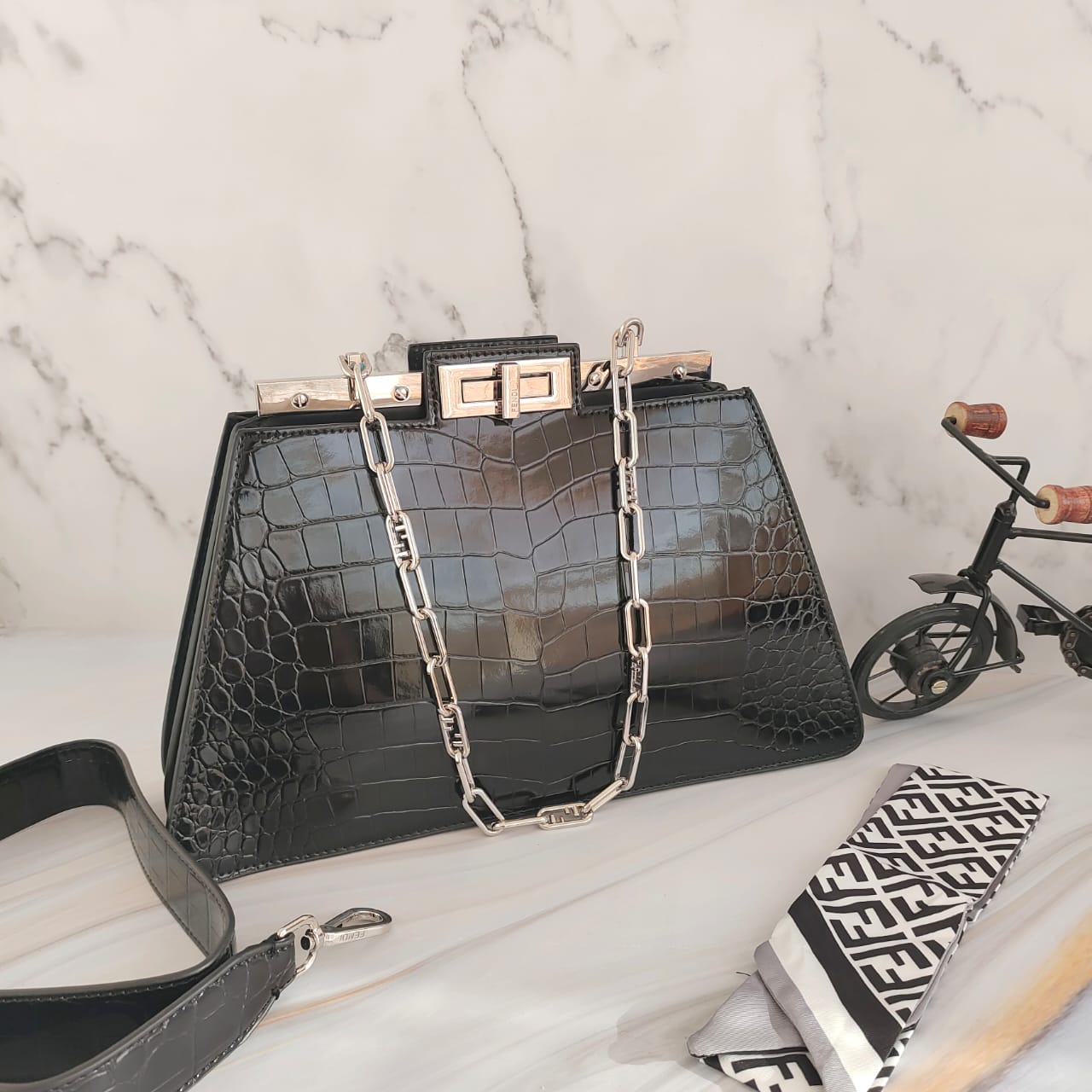 Buy FENDI PEKABOO CROCO CUT BLACK SHOULDER BAG (WITH BOX) - Online