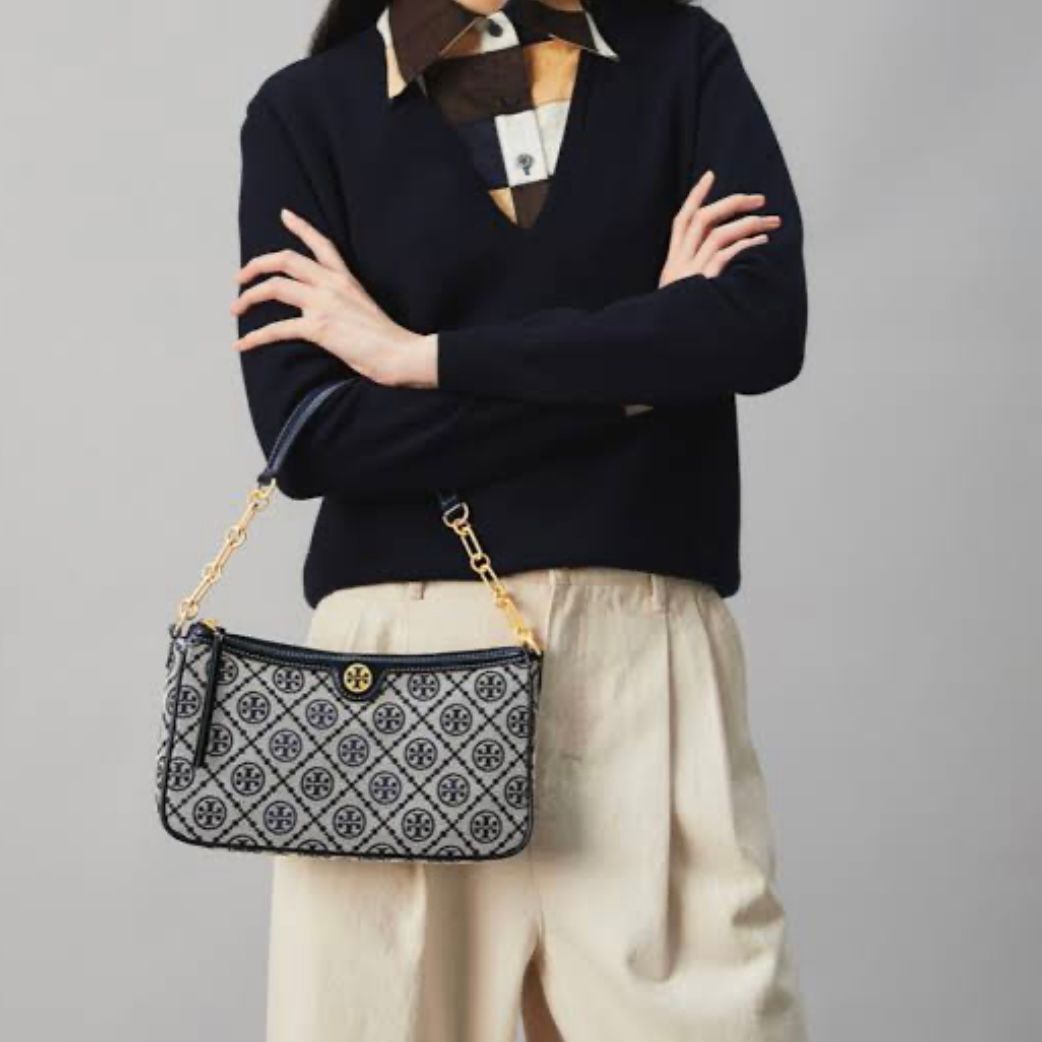 Tory Burch T Monogram Blue Jacquard Sling Bag (With Box) - TheLuxuryTag
