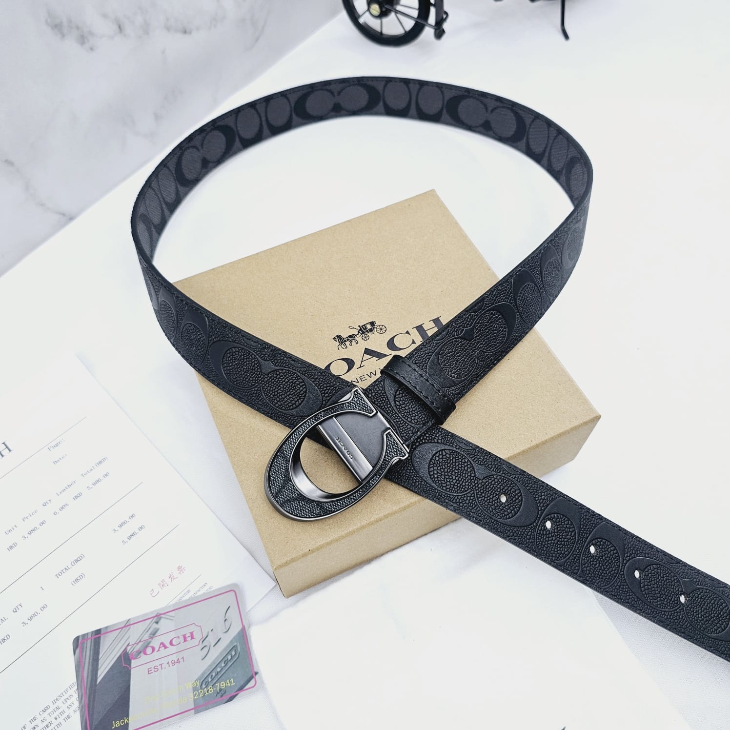 Coach Black Embossed Reversible Unisex Belt - TheLuxuryTag