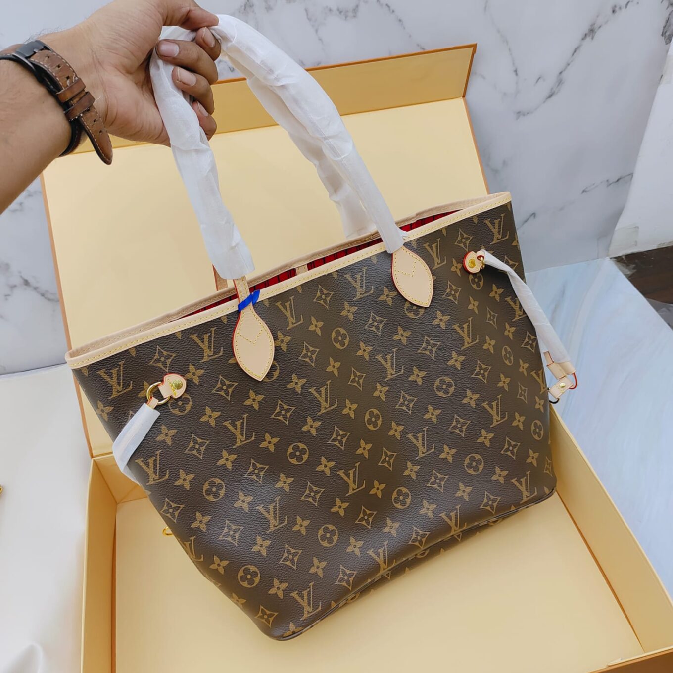 Louis Vuitton Neverfull Red Interior Premium Double Box Tote Bag (With ...