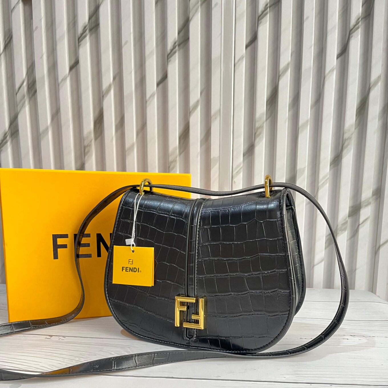Fendi C’mon Black Croco Medium Satchel Purse (With Box) - TheLuxuryTag