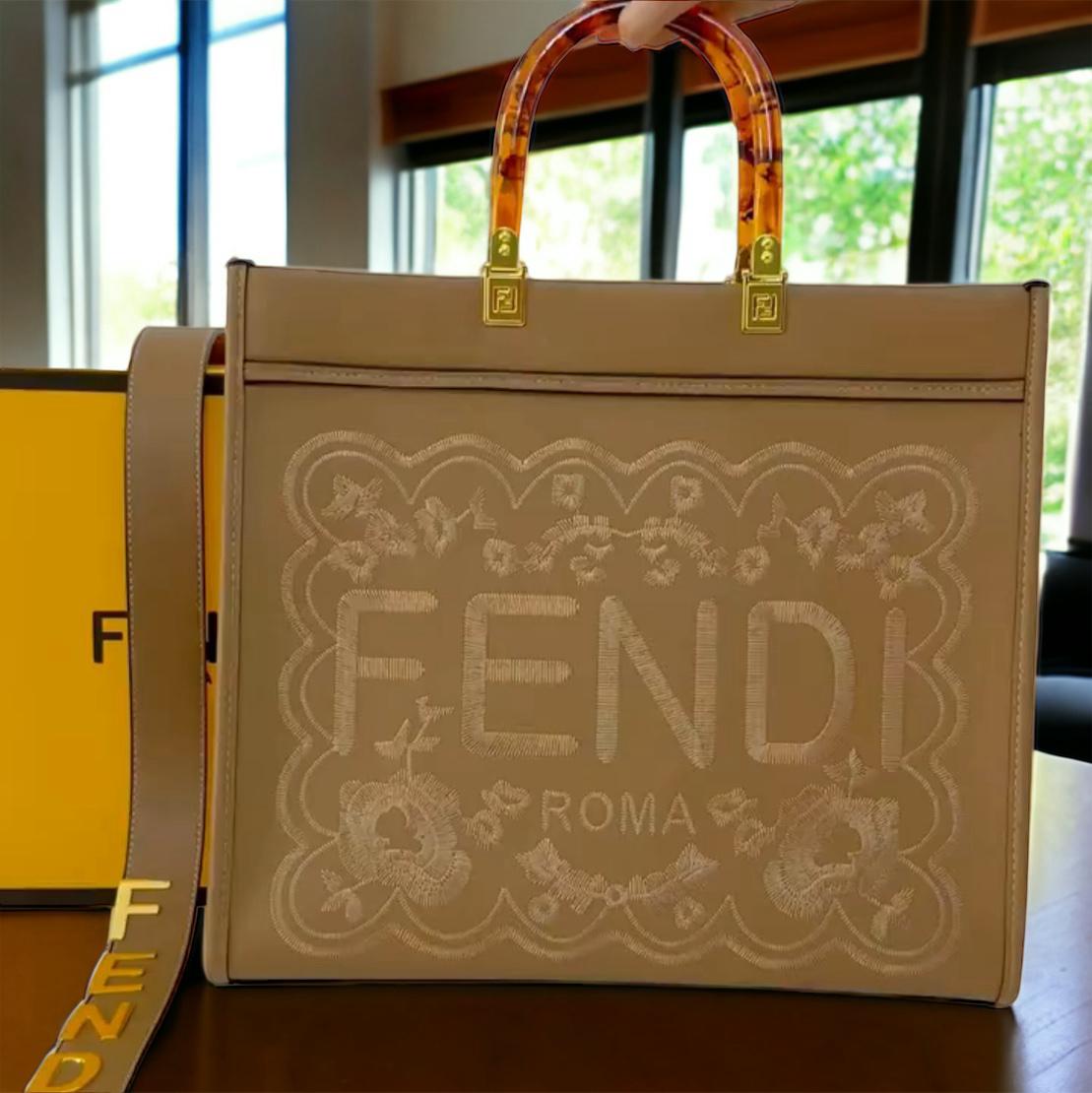 Fendi Roma Khaki Embroidery Tote Bag - TheLuxuryTag