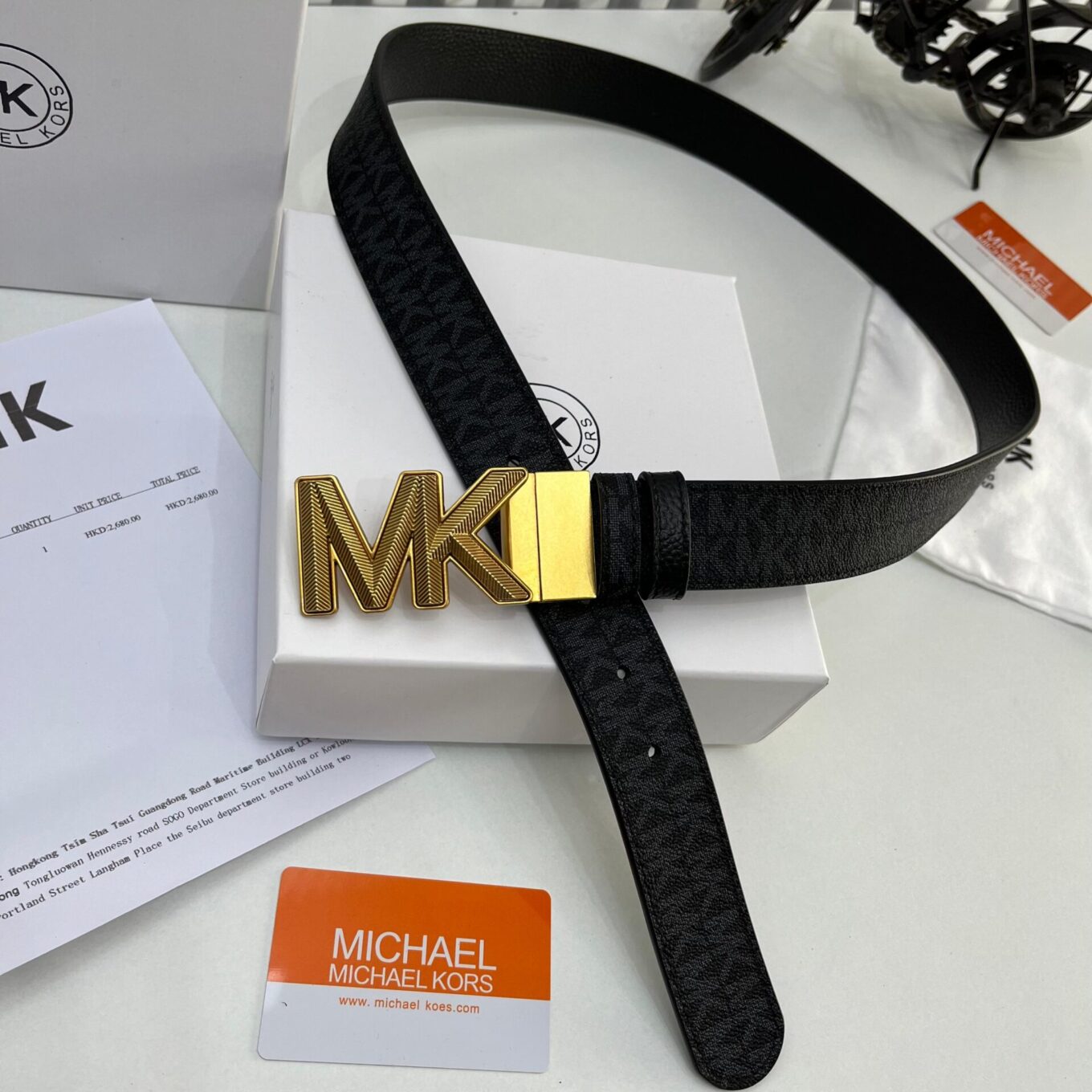 MK Signature Logo Black Mono Reversible Unisex Belt - TheLuxuryTag