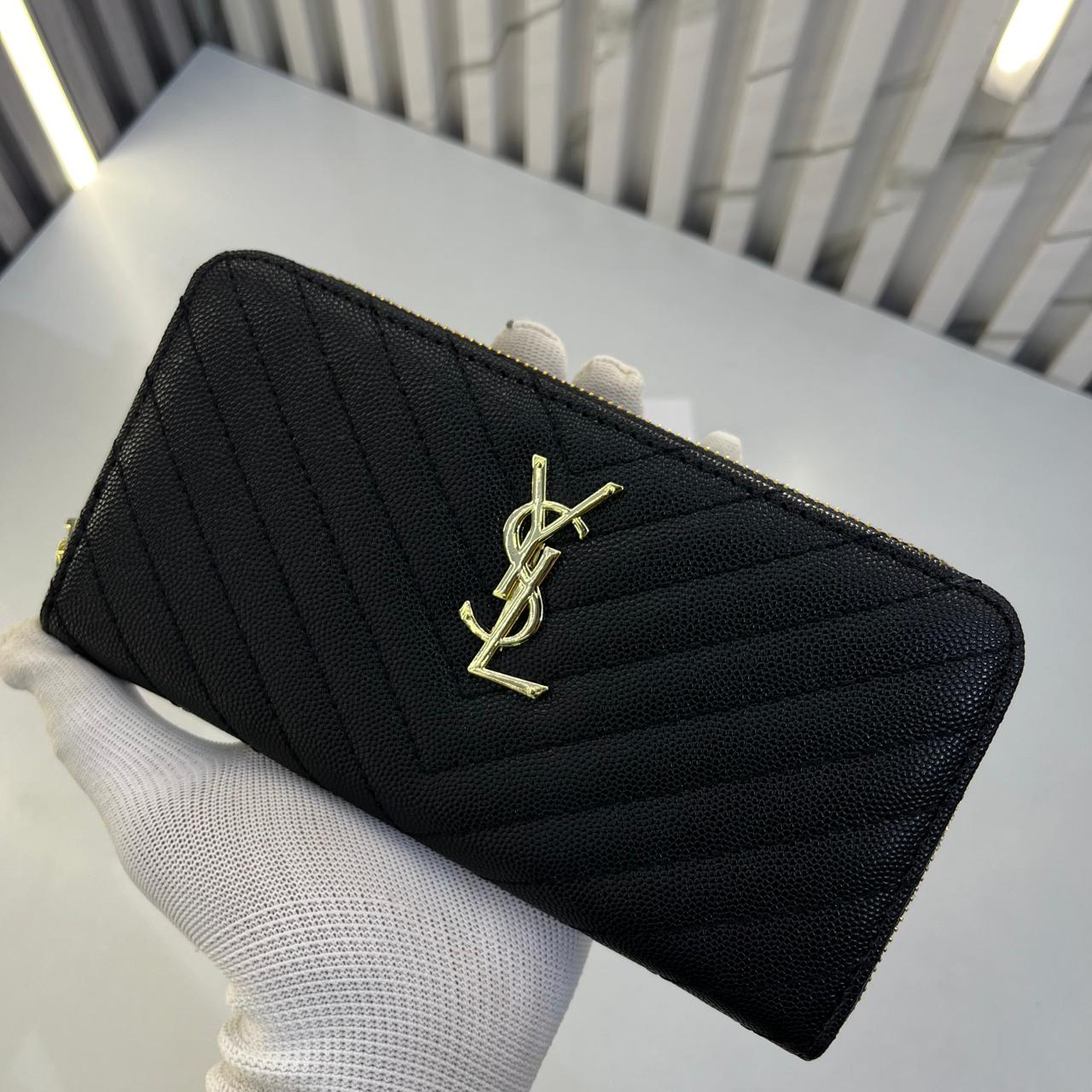 YSL Black Grained Zipper Wallet - TheLuxuryTag