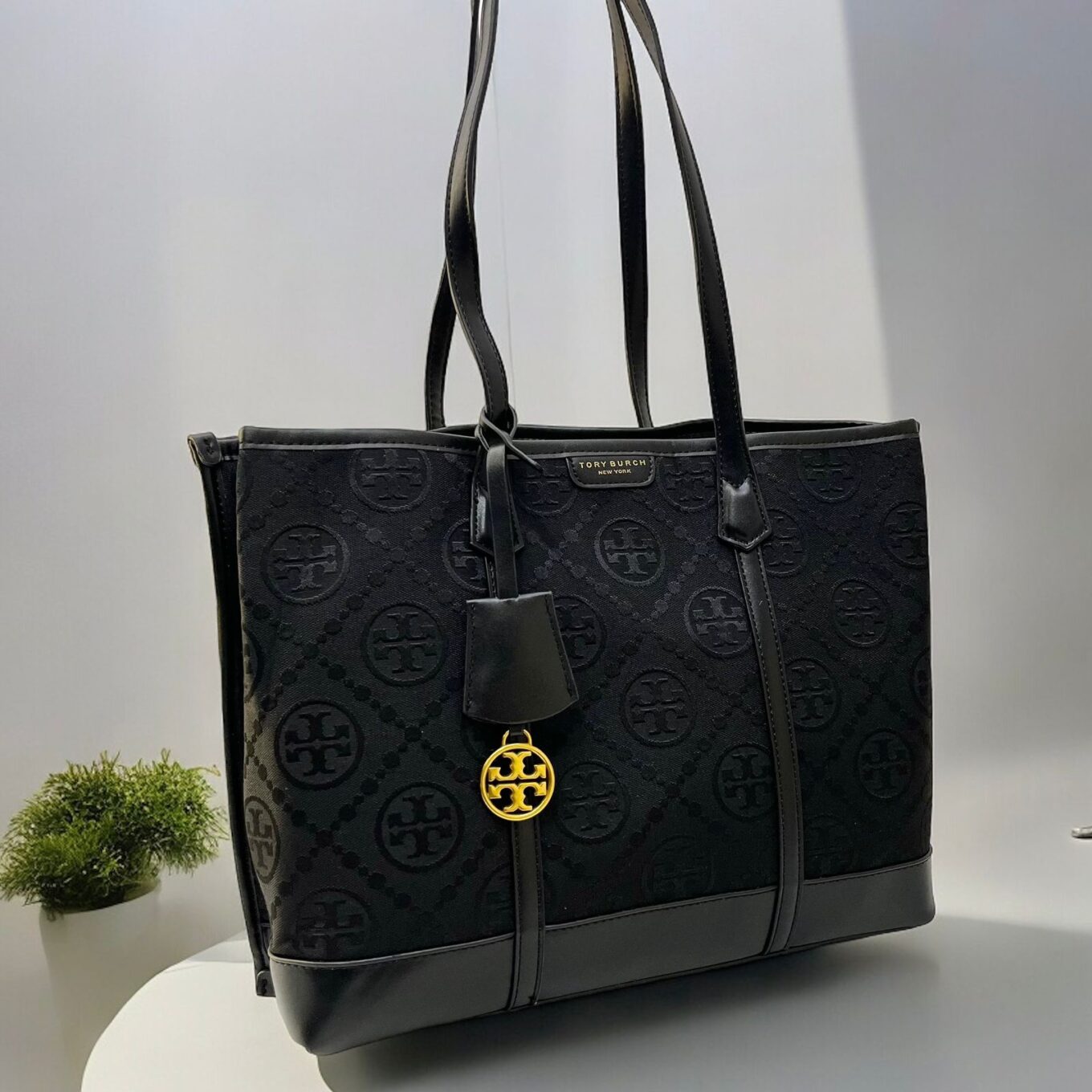 Tory Burch T-Monogram Black Jacquard Tote - TheLuxuryTag