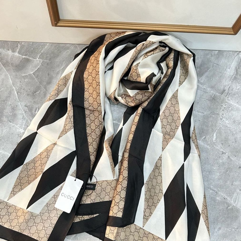 Gucci GG Black Beige Silk Stole - TheLuxuryTag