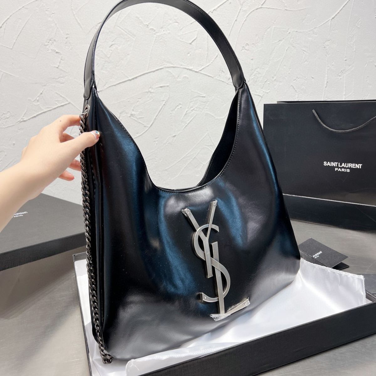 YSL Big Logo Black Color Premium Shopper Tote Bag (With Box) - TheLuxuryTag