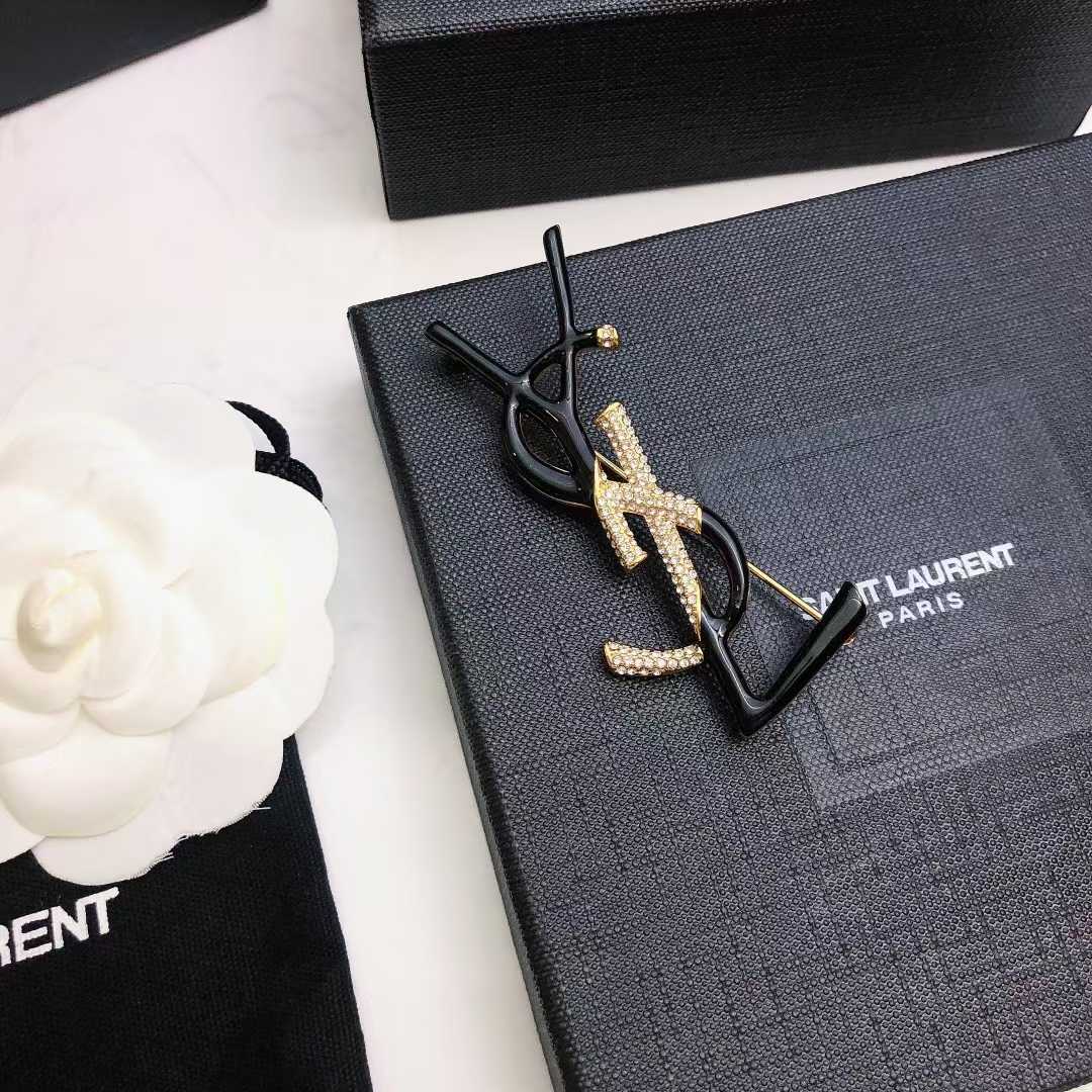 YSL Black Golden Logo Brooch - TheLuxuryTag