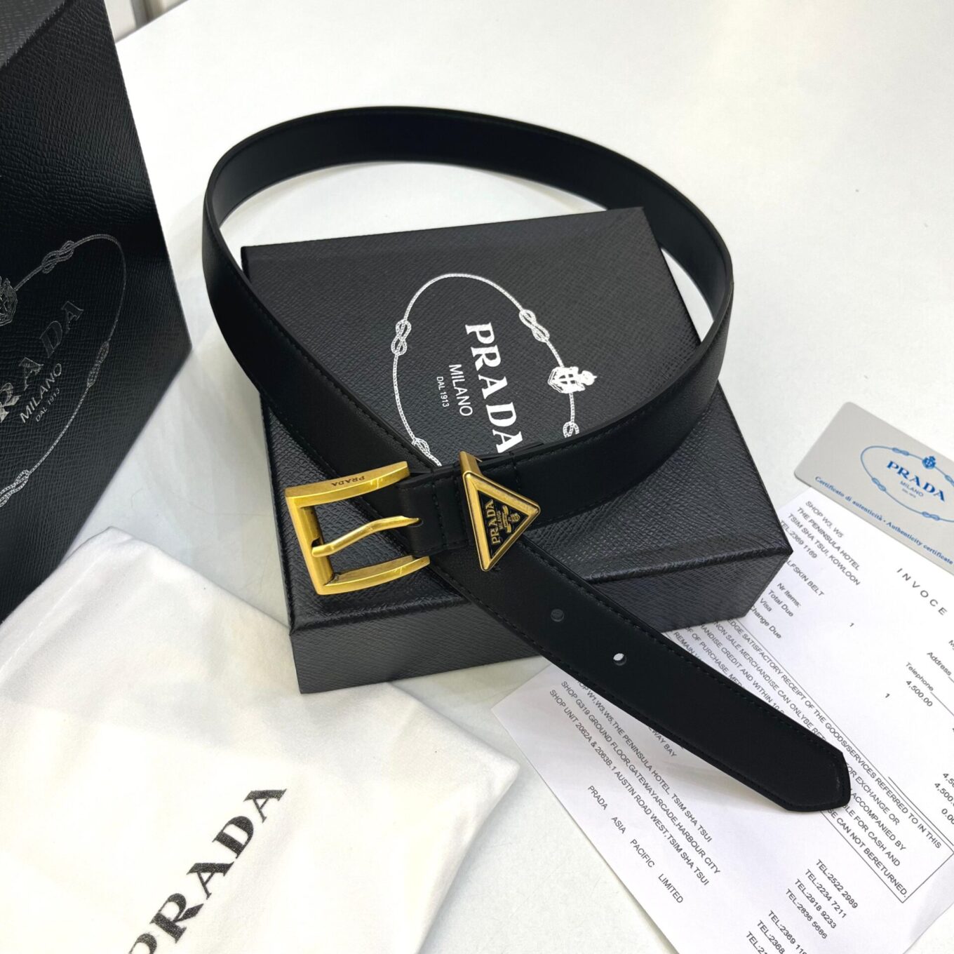 Prada Milano Black Gold Triangle Pin Belt - TheLuxuryTag