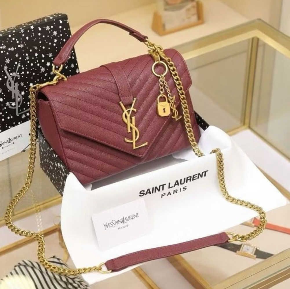 Ysl Grain Matelasse Wine Medium Satchel Bag (With Box) - TheLuxuryTag